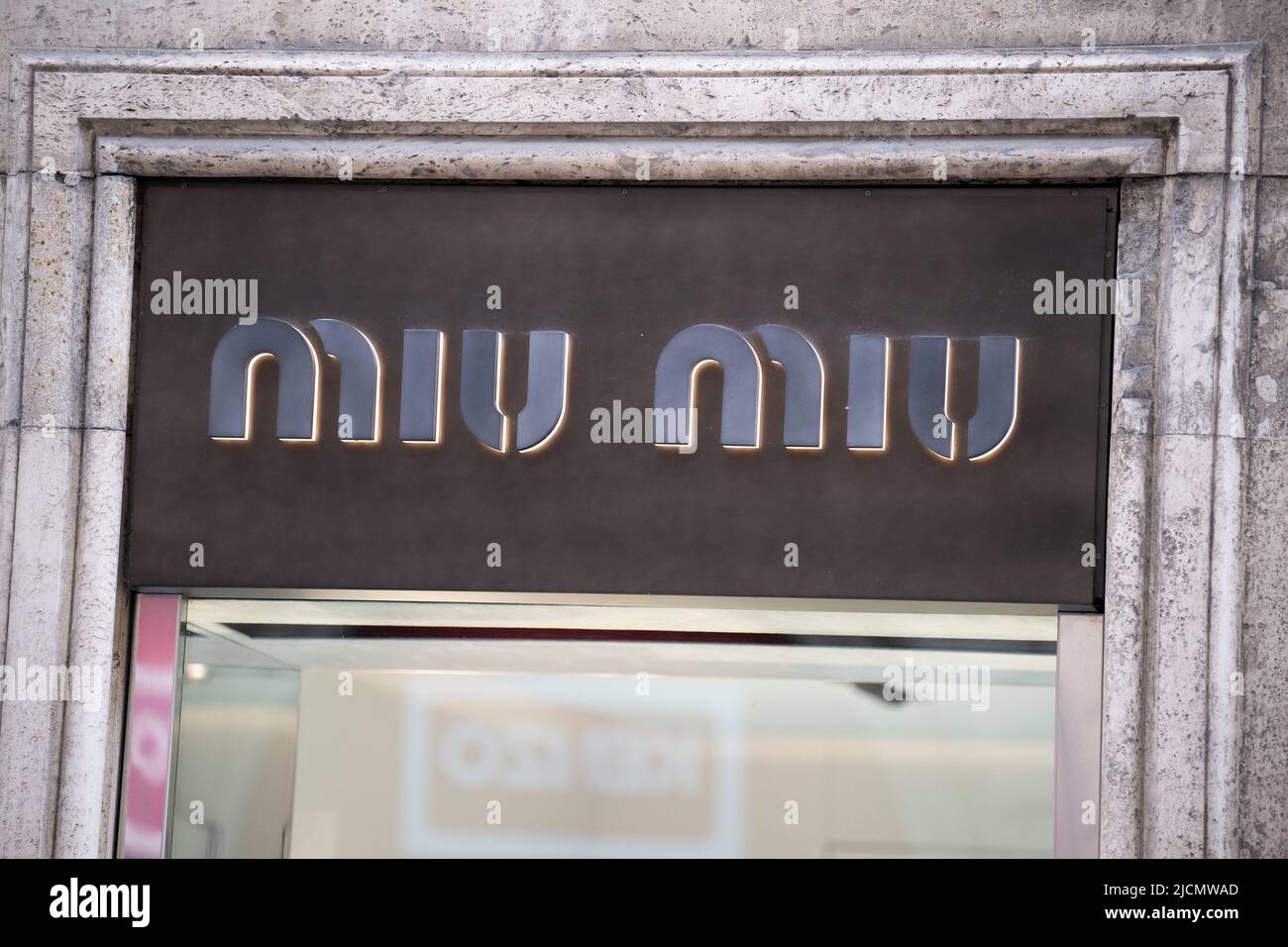 A shop sign of miu miu, on May 07, 2022 in Roma, Italy. Photo by David ...