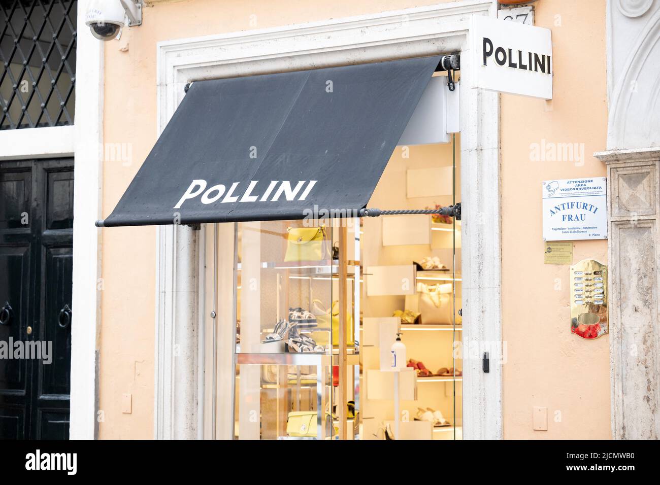 A shop sign of POLLINI, on May 07, 2022 in Roma, Italy. Photo by David ...