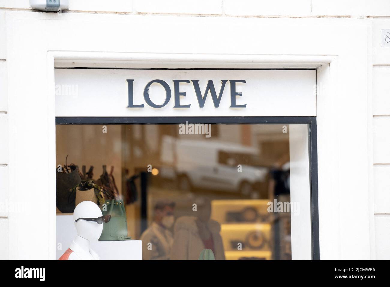 A shop sign of LOEWE, on May 07, 2022 in Roma, Italy. Photo by David ...