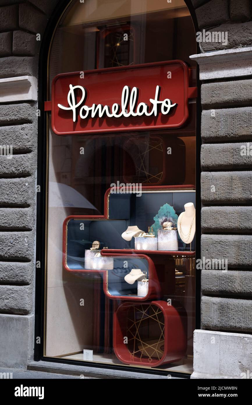 A shop sign of Pomellato, on May 07, 2022 in Roma, Italy. Photo by ...