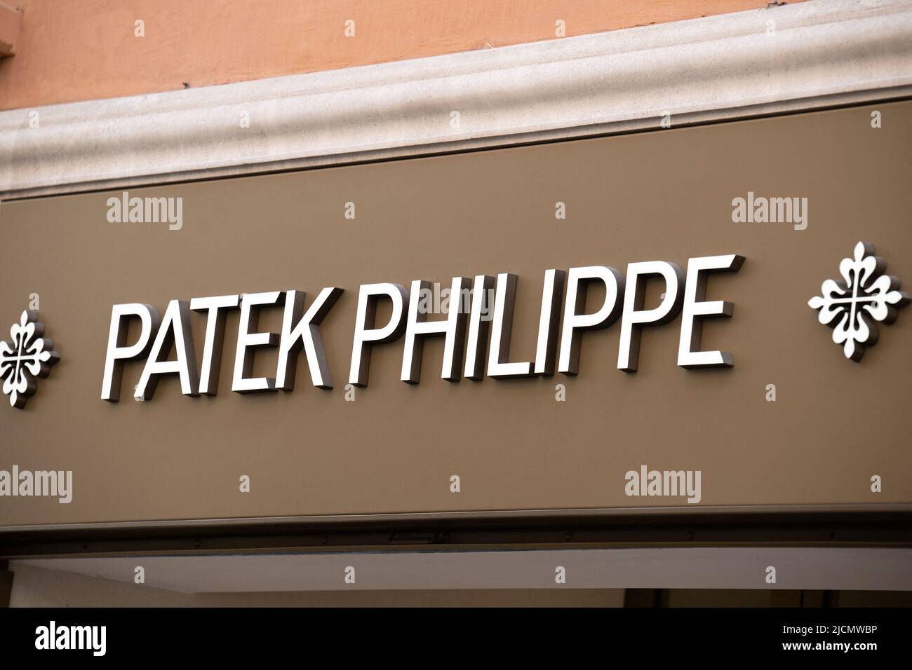 A shop sign of PATEK PHILIPPE, on May 07, 2022 in Roma, Italy. Photo by ...