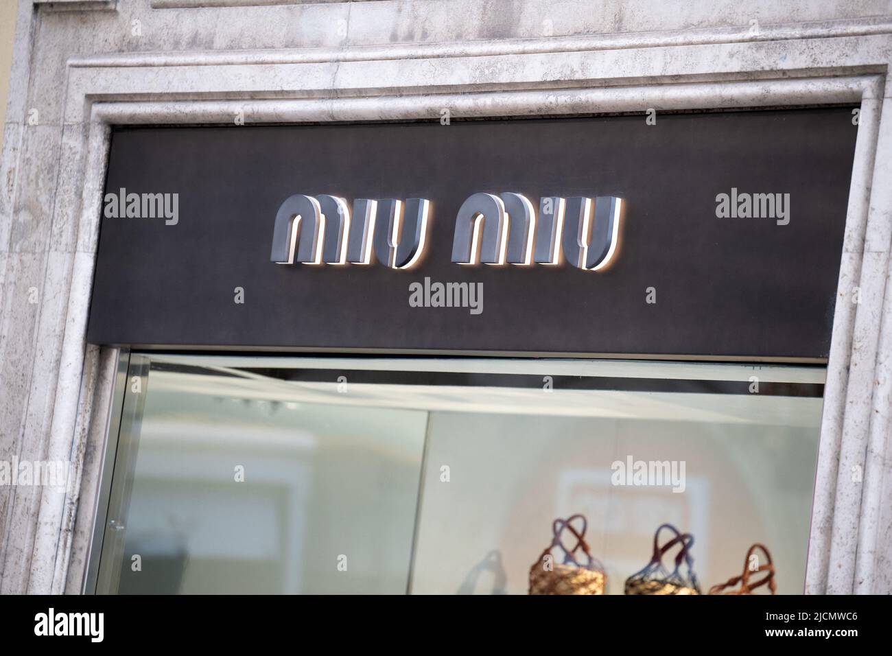 A shop sign of miu miu, on May 07, 2022 in Roma, Italy. Photo by David ...