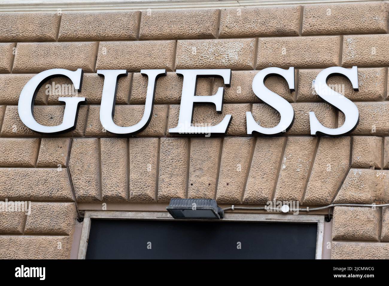 A shop sign of GUESS, on May 07, 2022 in Roma, Italy. Photo by David ...
