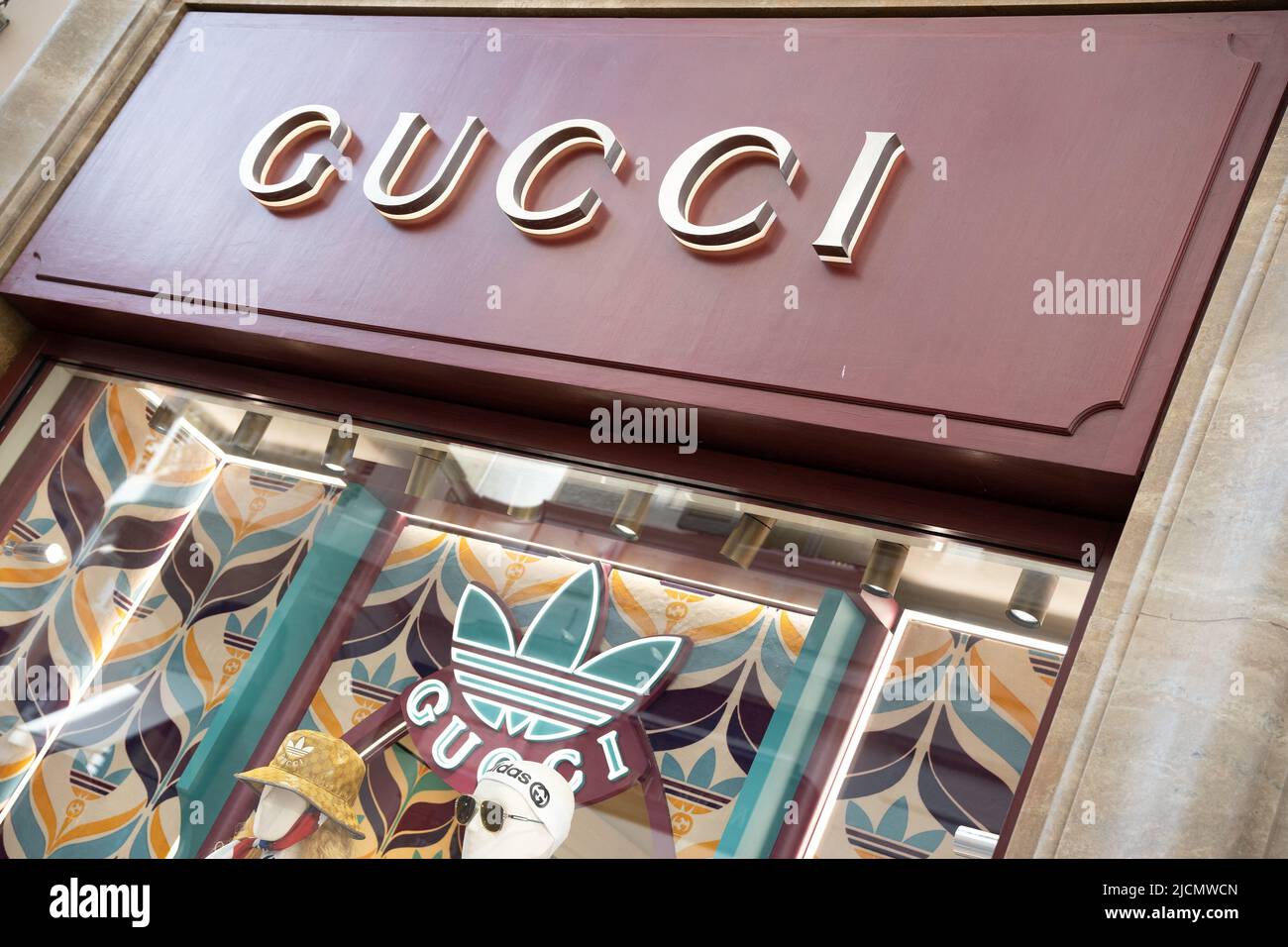 A shop sign of GUCCI, on May 07, 2022 in Roma, Italy. Photo by David ...
