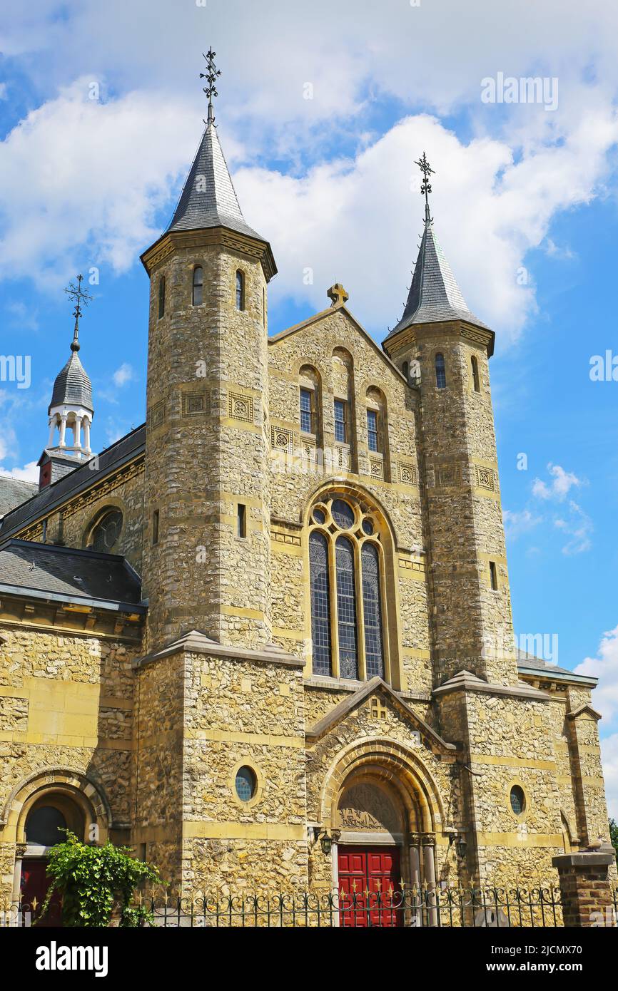 Beautiful medieval dutch stone church front with two towers from 16th ...