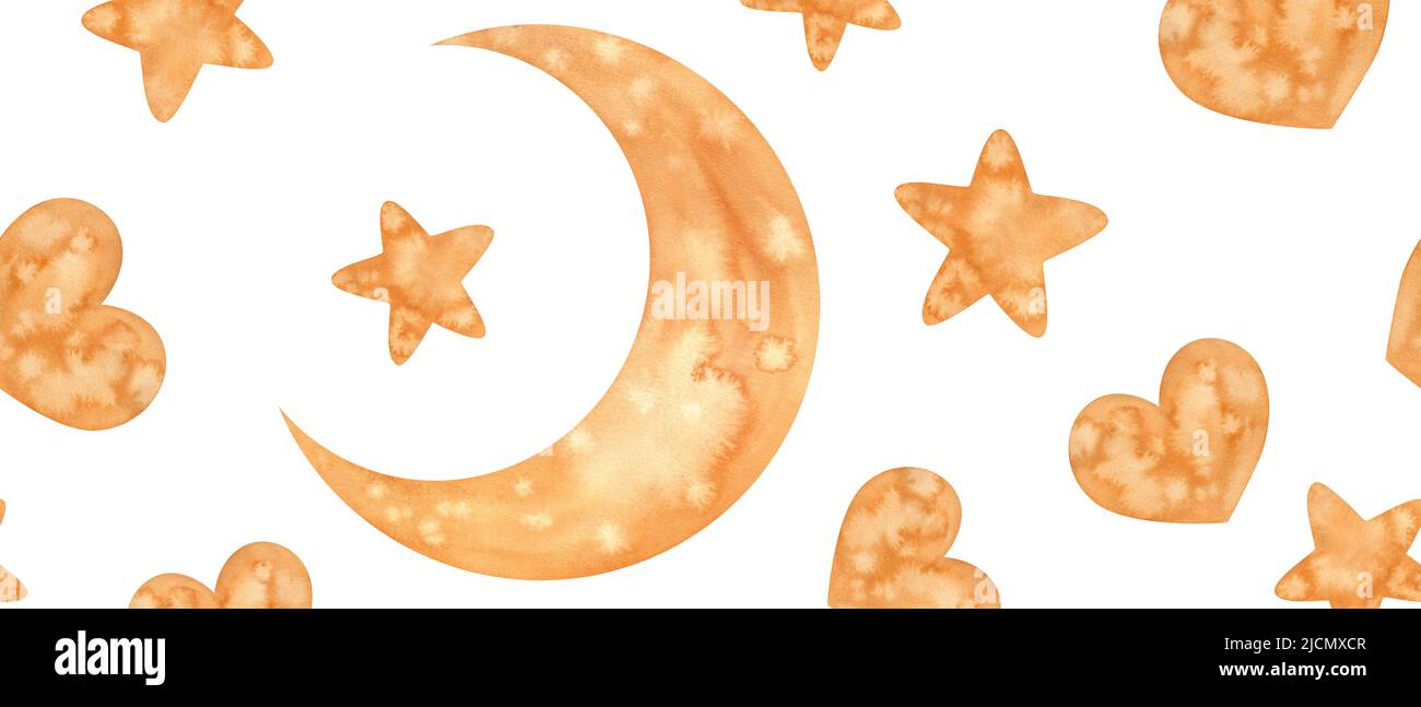 Watercolor Moon, Stars, Hearts. Linear seamless pattern. Night sky with ...