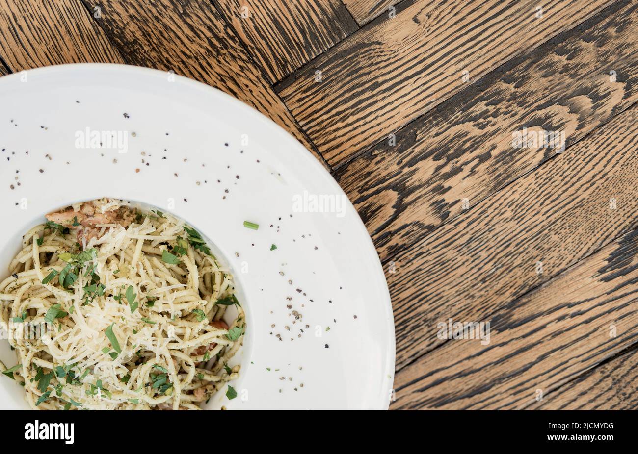 Plate with tasty pasta and cheese. top view. italian food Stock Photo ...