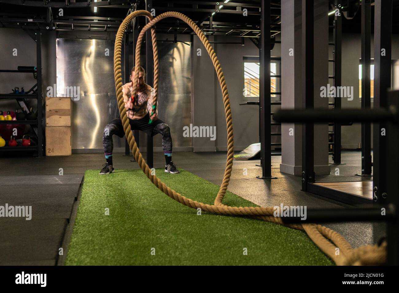 Rope warehouse fitness green man grass training gym muscular young, for ...