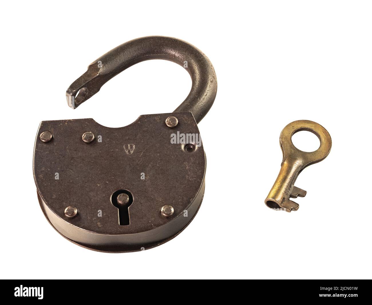 Old rusty padlock with a key is open isolated on a white background ...
