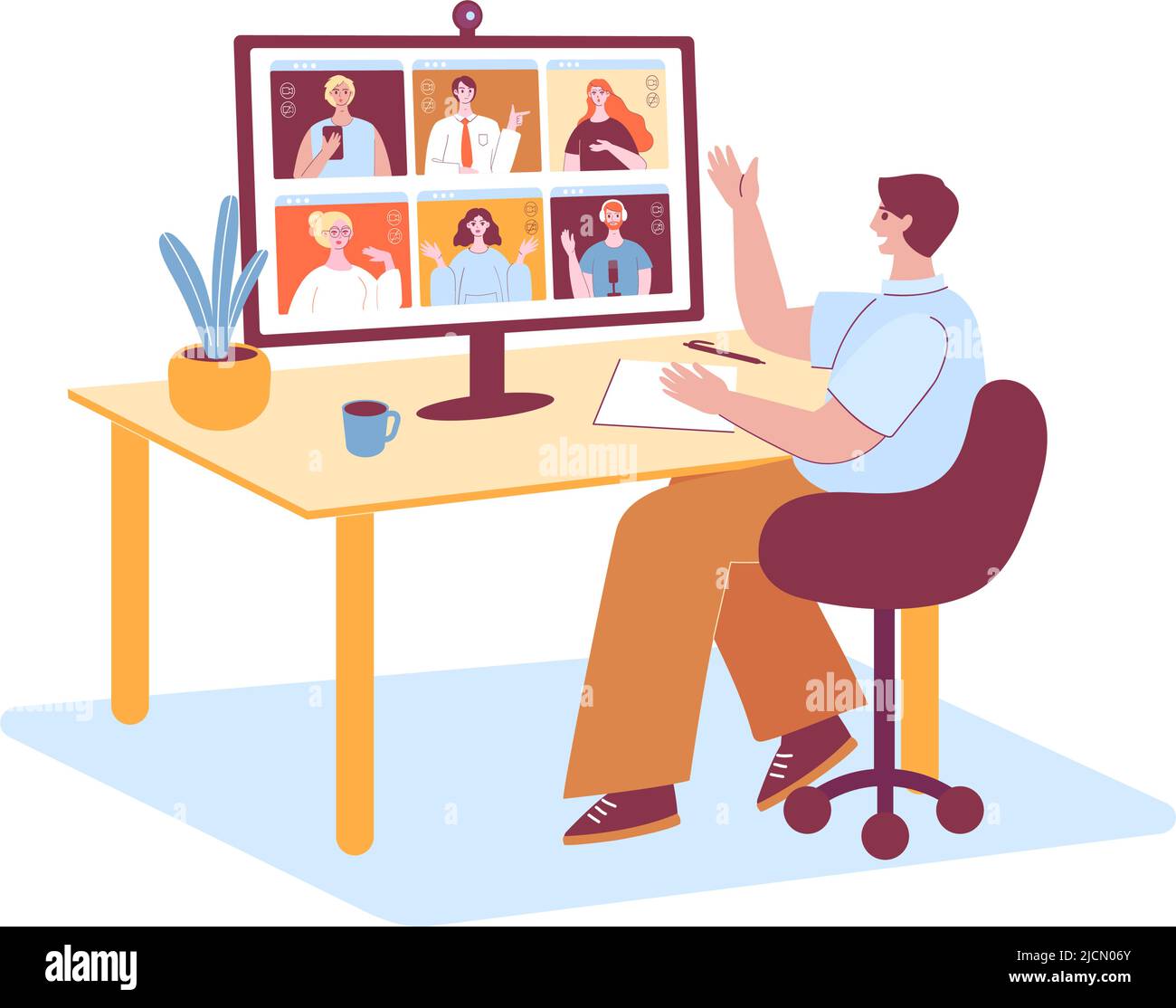 Distant working. Team meeting with remote worker, corporate video call ...