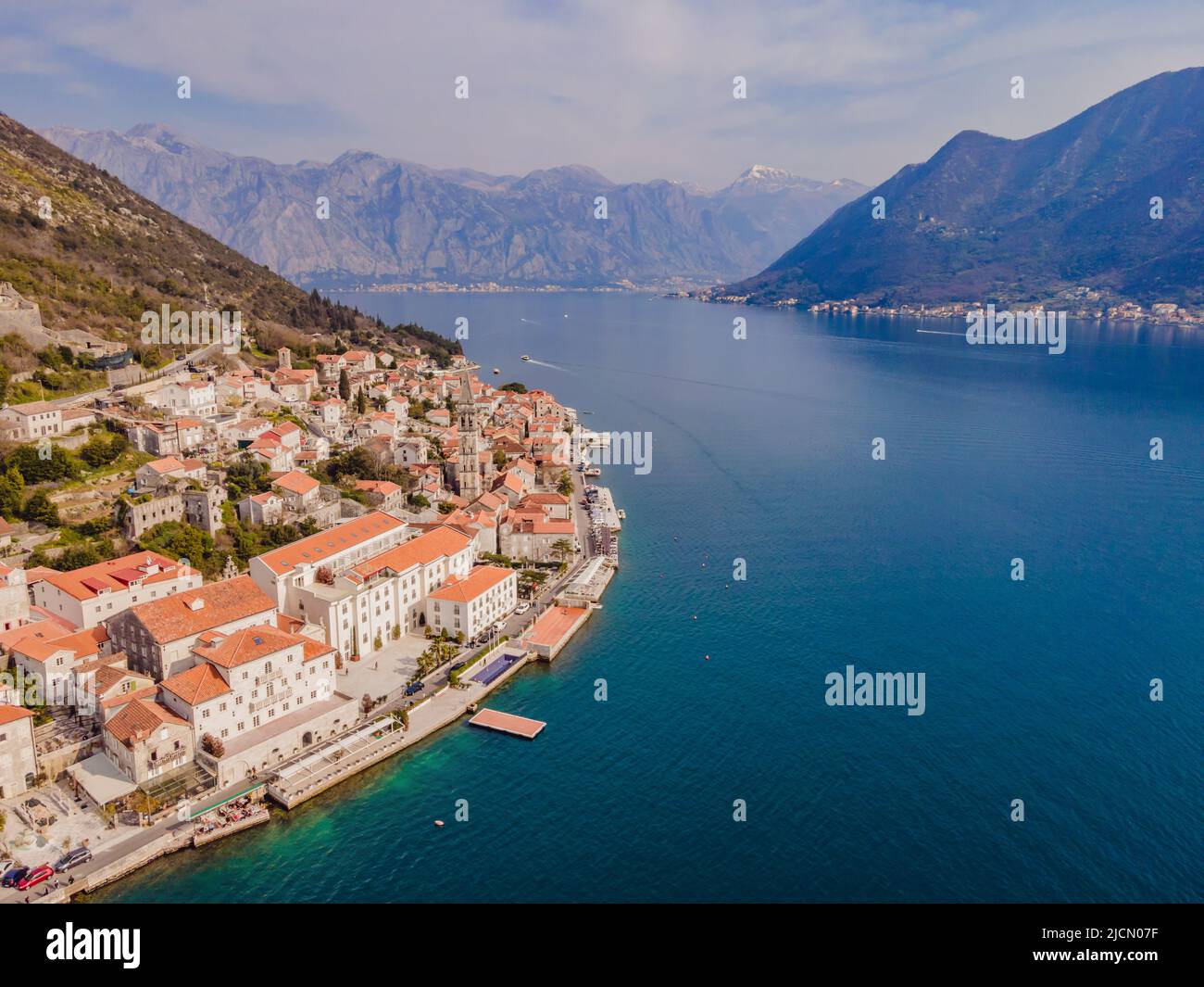 Scenic panorama view of the historic town of Perast at famous Bay of ...