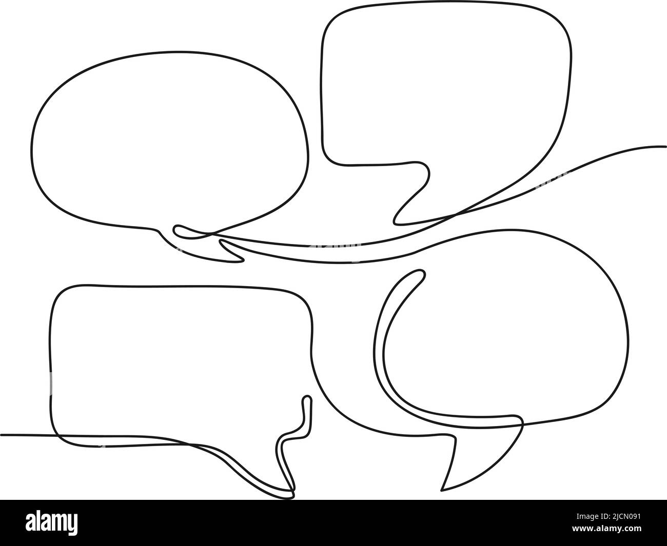 One line dialog. Talk messages, continuous line conversation and four speech bubbles hand drawn ...