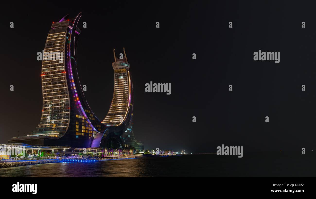 Lusail, Qatar- June 06, 2022: The crescent tower in the newly ...