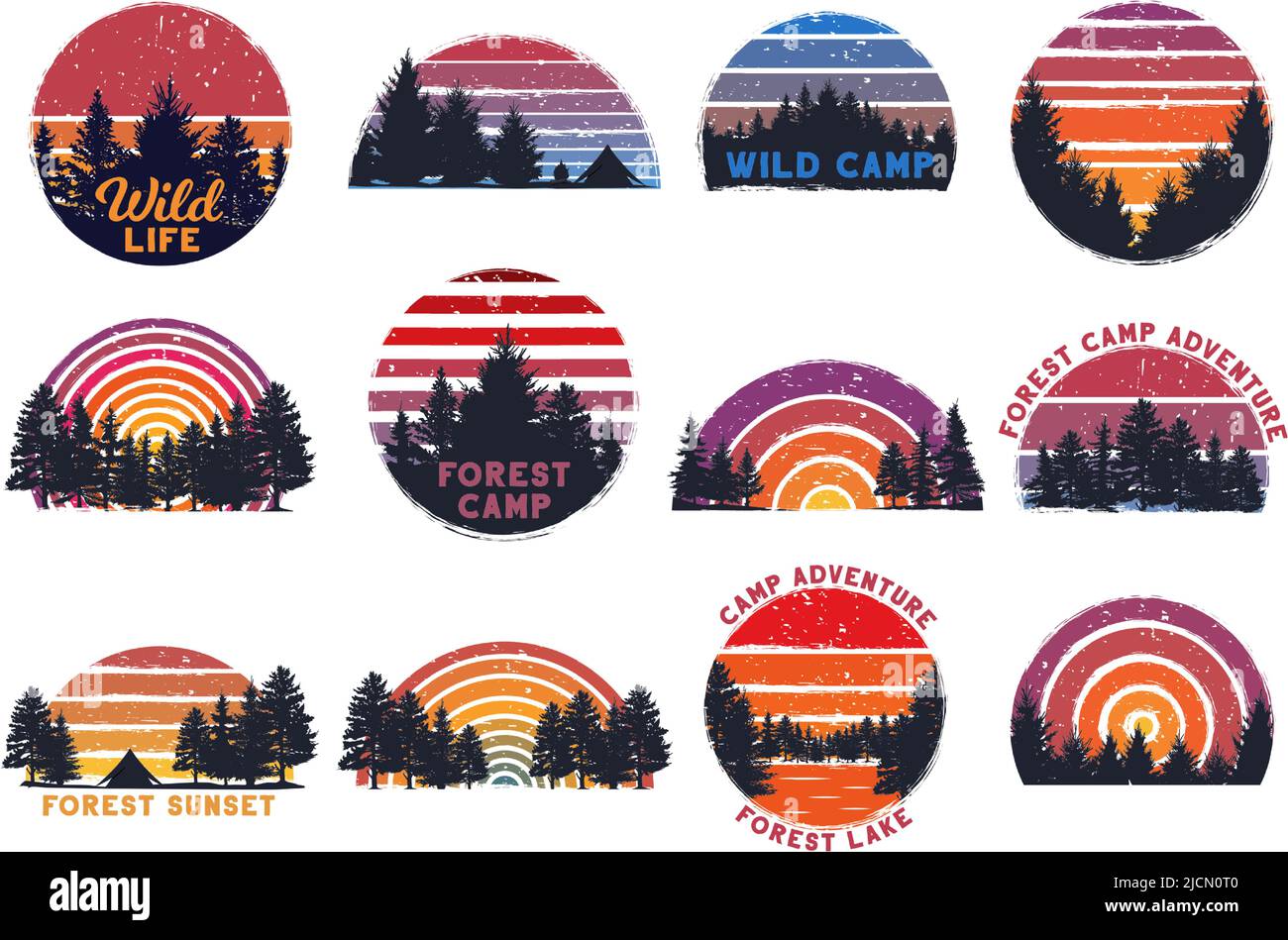 Sunrise camping and nature trees with grunge 80s hi-res stock ...