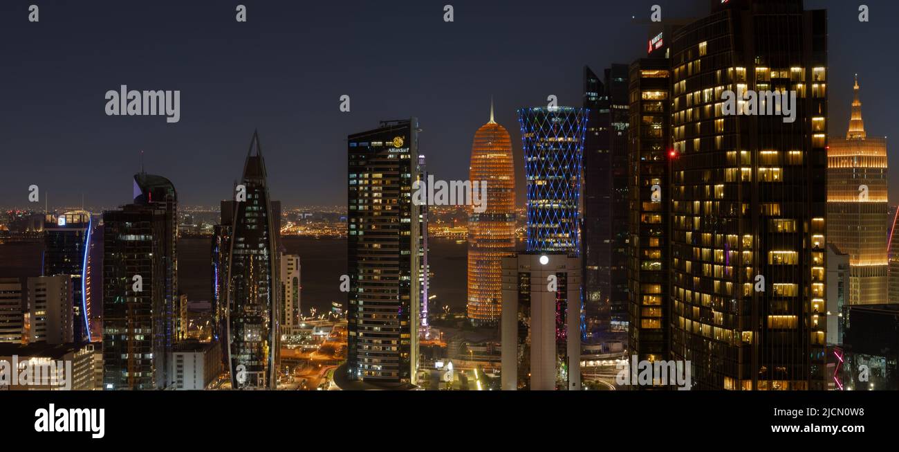 Doha, Qatar- may 05, 2022 : Doha city with many colorful towers during ...