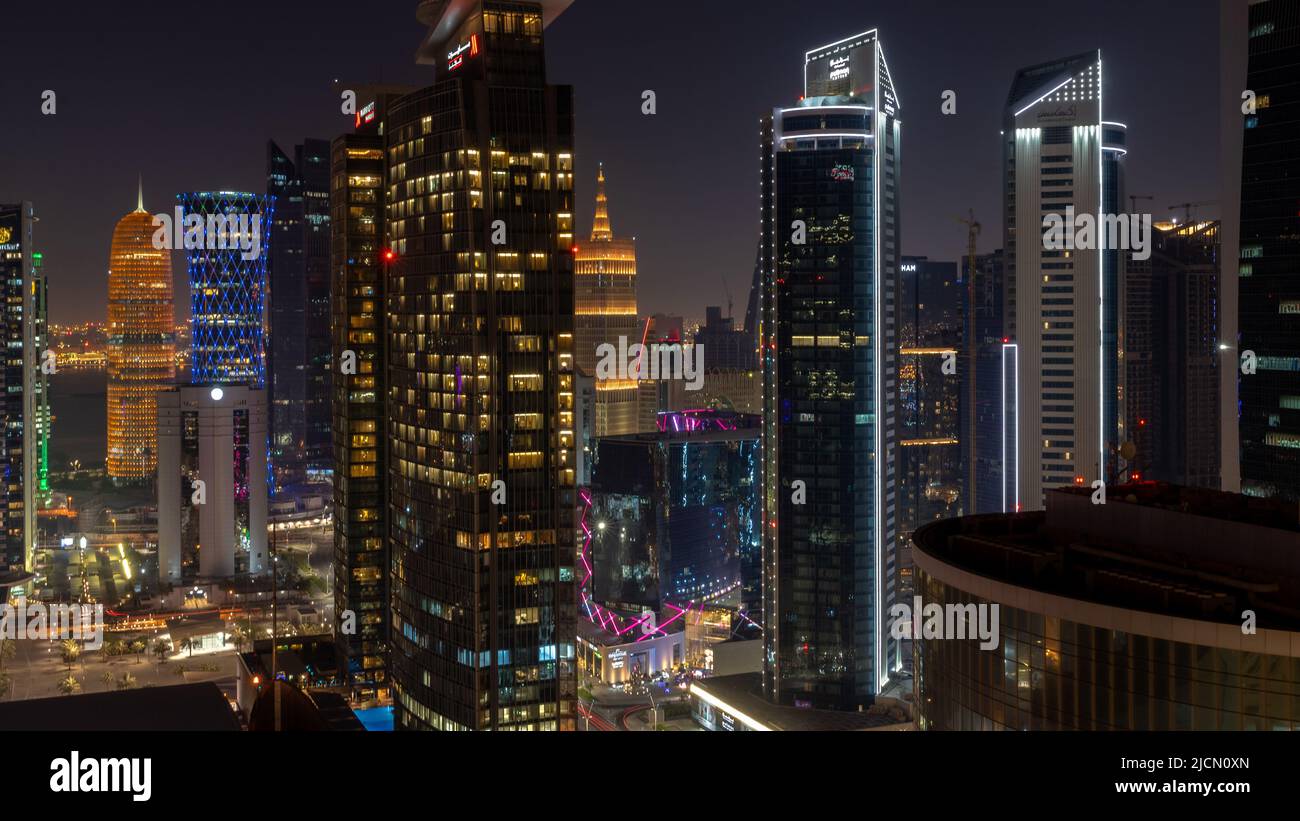 Doha, Qatar- may 05, 2022 : Doha city with many colorful towers during ...