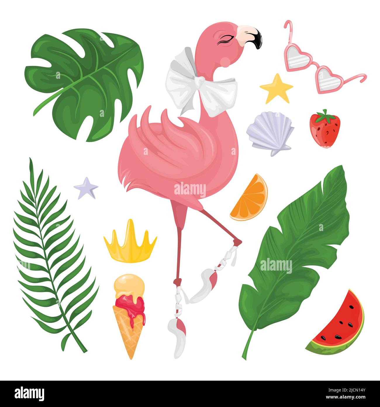 Tropical set with cute flamingos, palm leaves and decorative elements ...