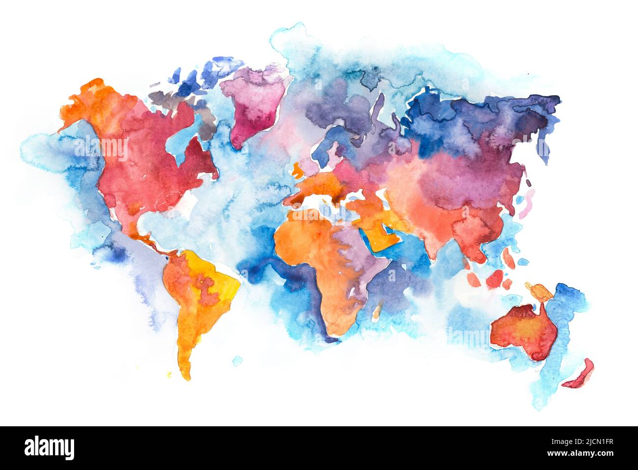 Map of the world with oceans and seas. Watercolor hand drawn Stock ...