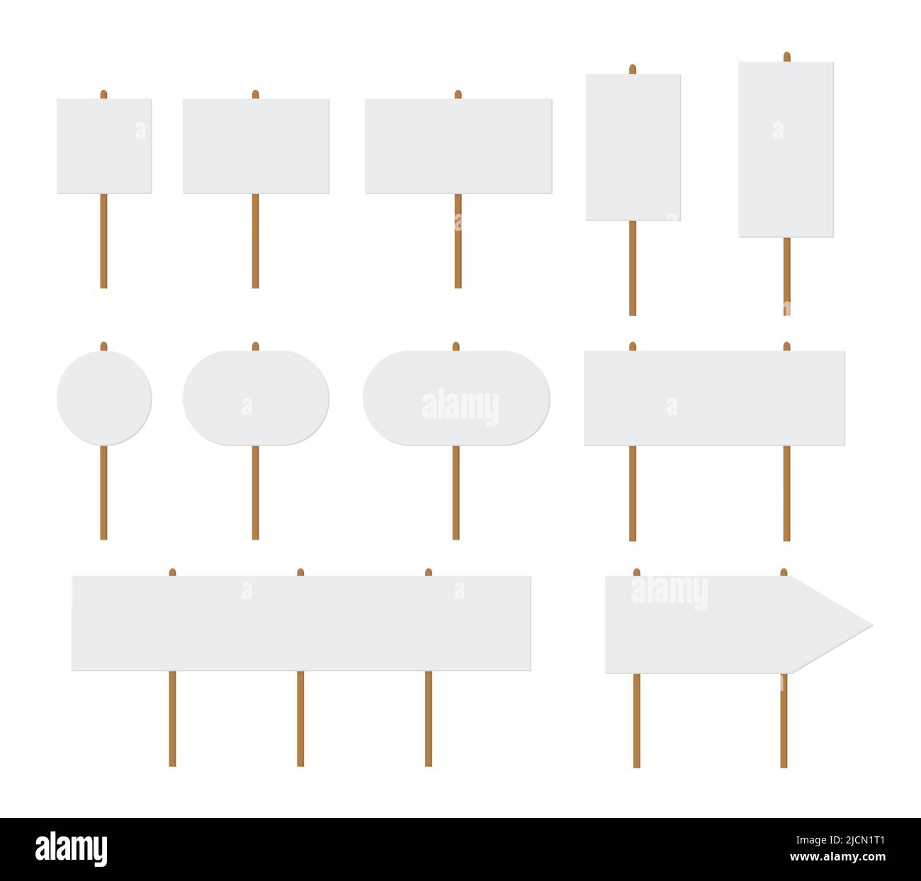 Blank sign on a picket stick. Set of white blank protest banners. White ...