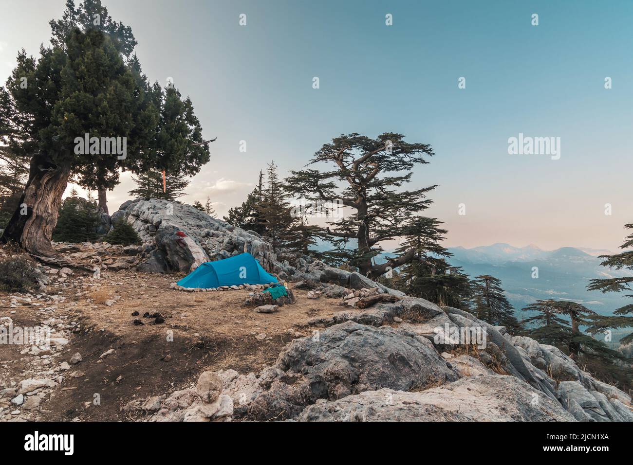 Tent camp in forest area against backdrop of snow-covered peak of ...
