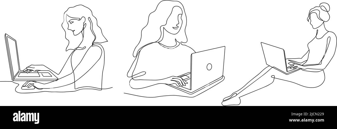 Female with laptop. Continuous line art businesswoman working with ...