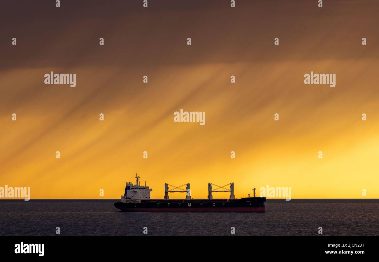 Rostock, Germany. 14th June, 2022. The cargo ship "Dema" lies anchored ...