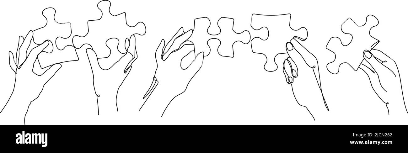 Puzzle pieces in peoples hands. Continuous line art of solution ...