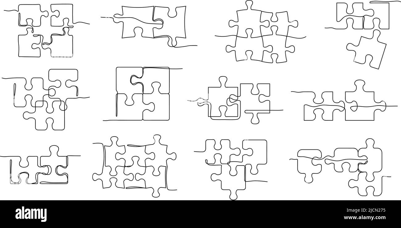 One line puzzle. Solving jigsaw, puzzle pieces connected together and teamwork concept vector ...
