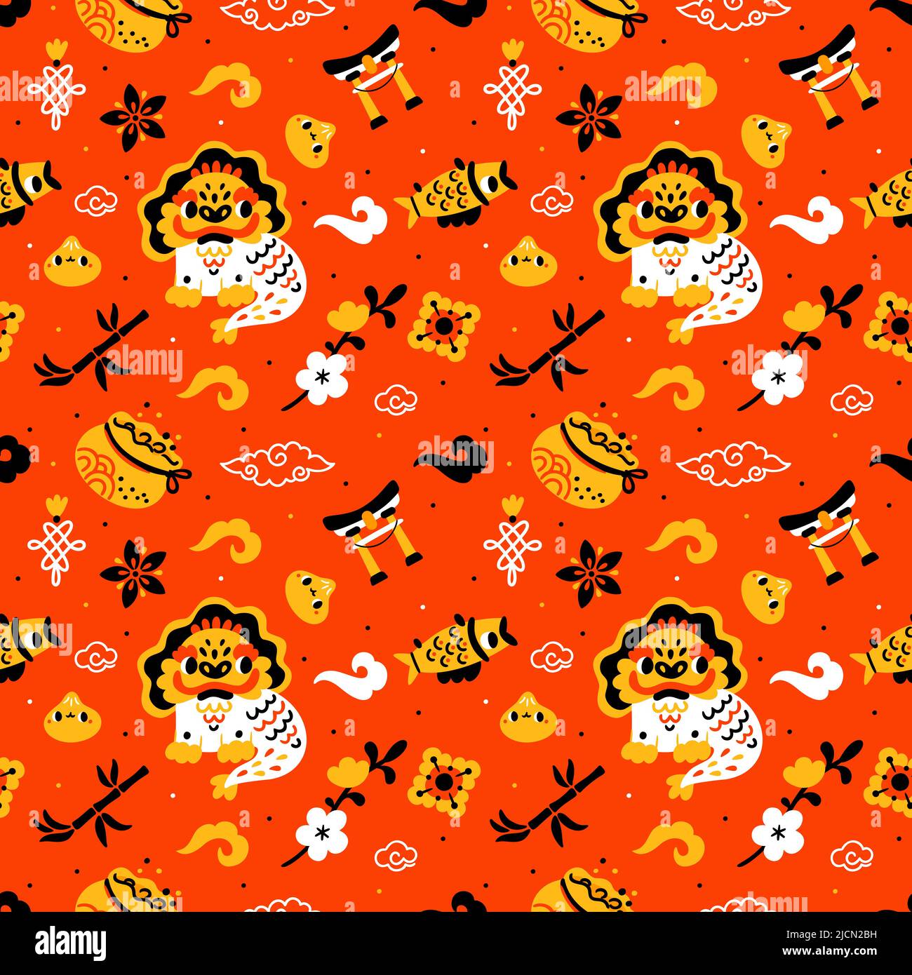 Seamless cartoon Chinese elements. Cute print with traditional Asian ...