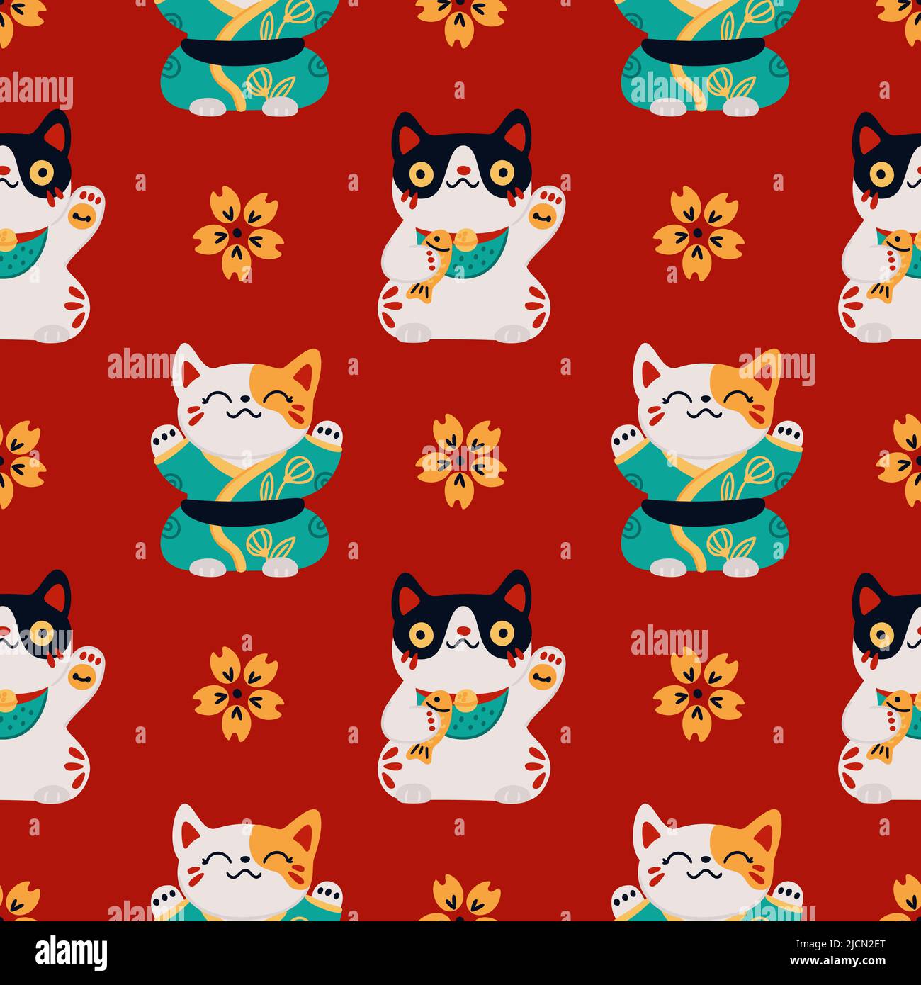 Seamless Japanese maneki cats. Lucky Asian symbols background ...