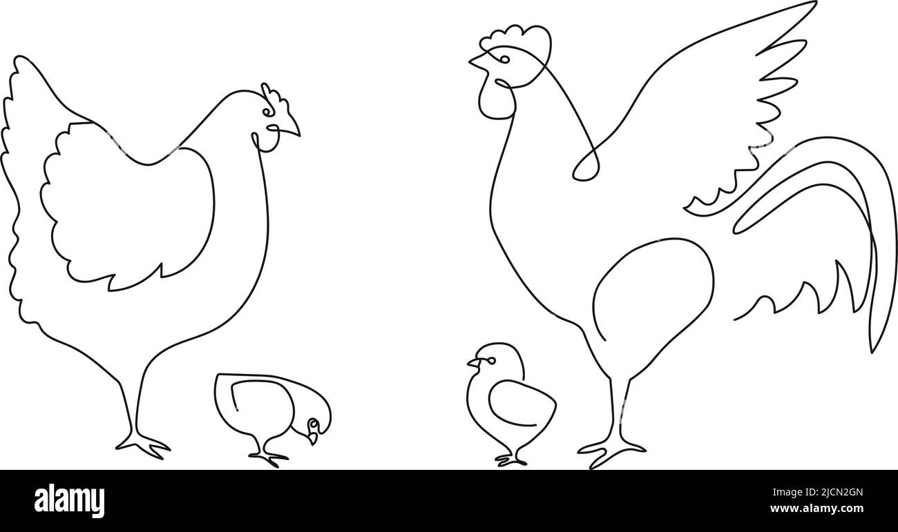 One line chicken family. Rooster, hen and chickens, farm birds ...