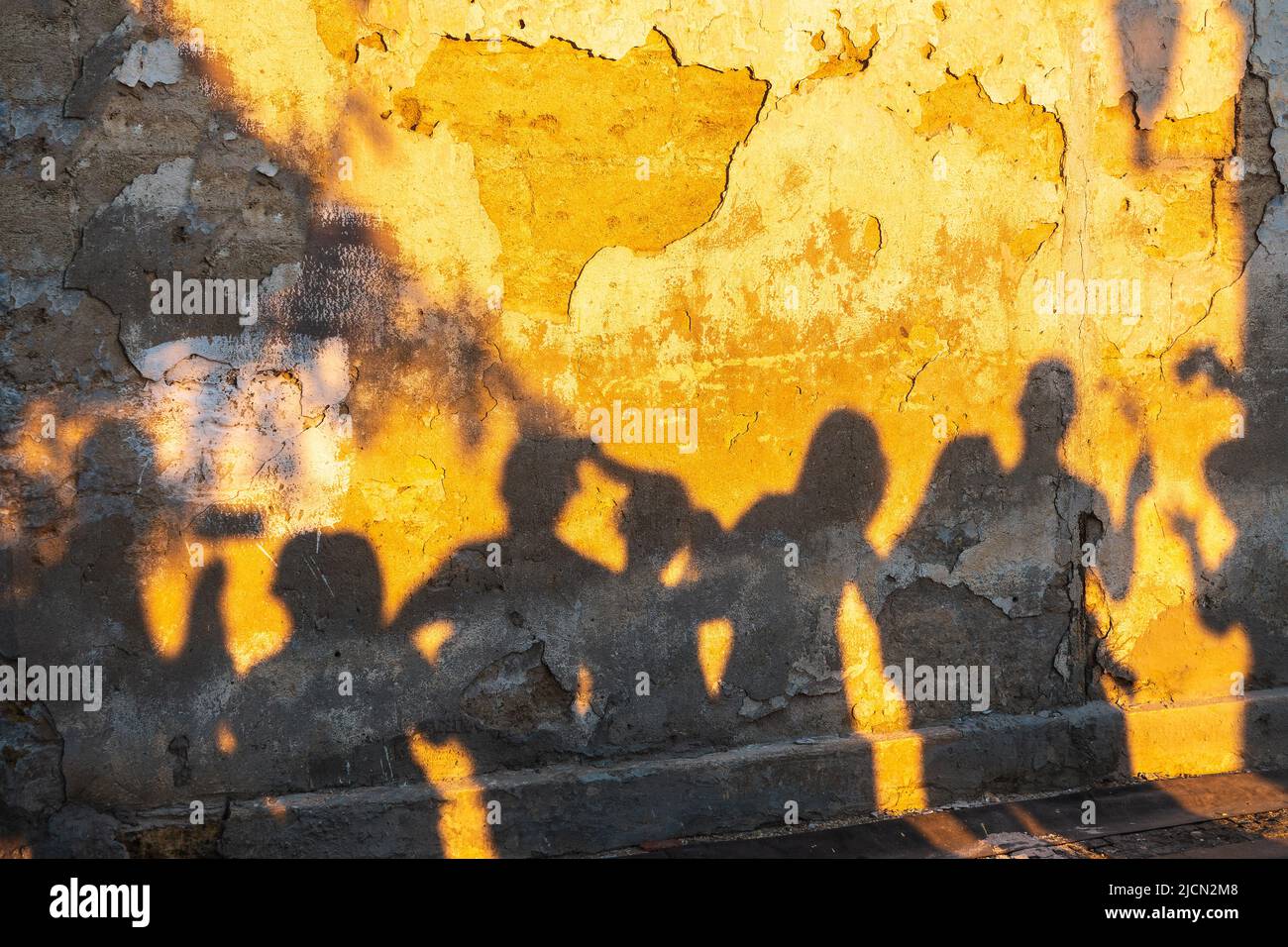Shadows of dancing people on an old wall at sunset time. Group of human ...