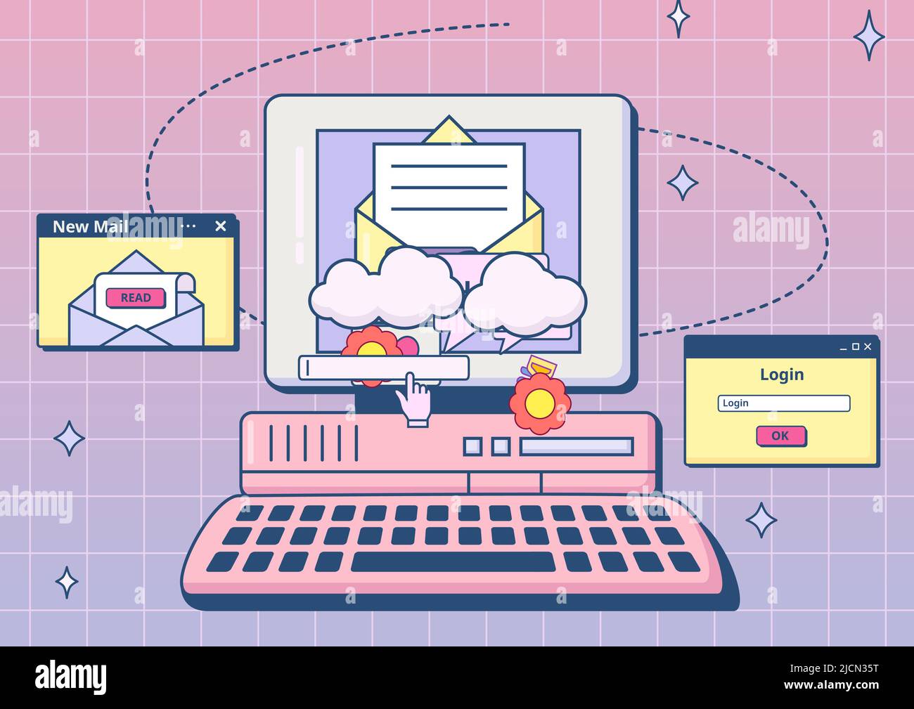Retro ui mail. Email mailbox with envelope on 90s computer screen ...