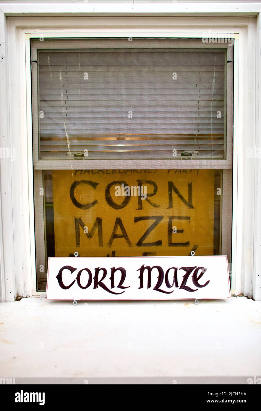 Corn Maze sign in window at Hacklebarney Farm in Chester, NJ, USA Stock ...