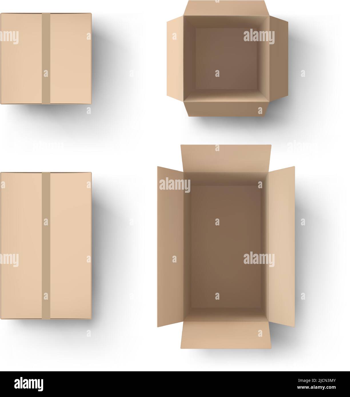 Realistic brown box. Open and close parcel, cardboard packaging and ...