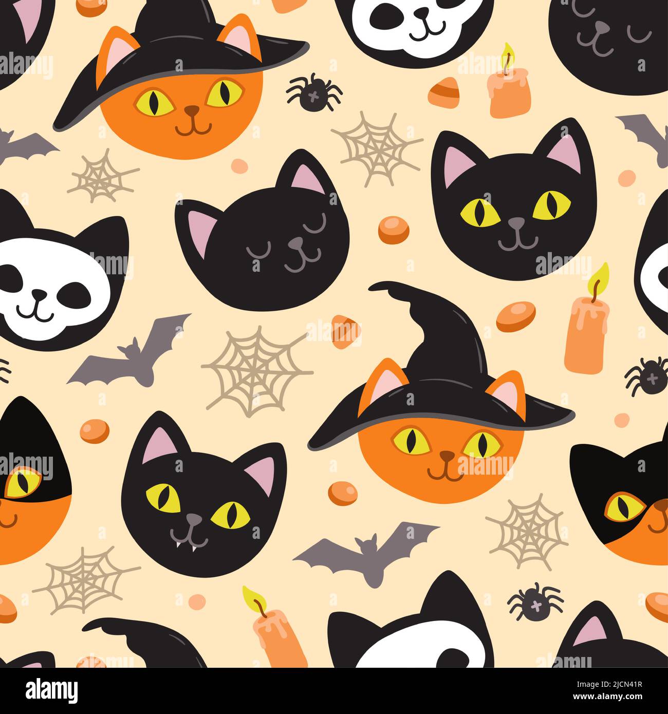 Ghost cat pattern. Spooky halloween kittens faces, horror animals and ...