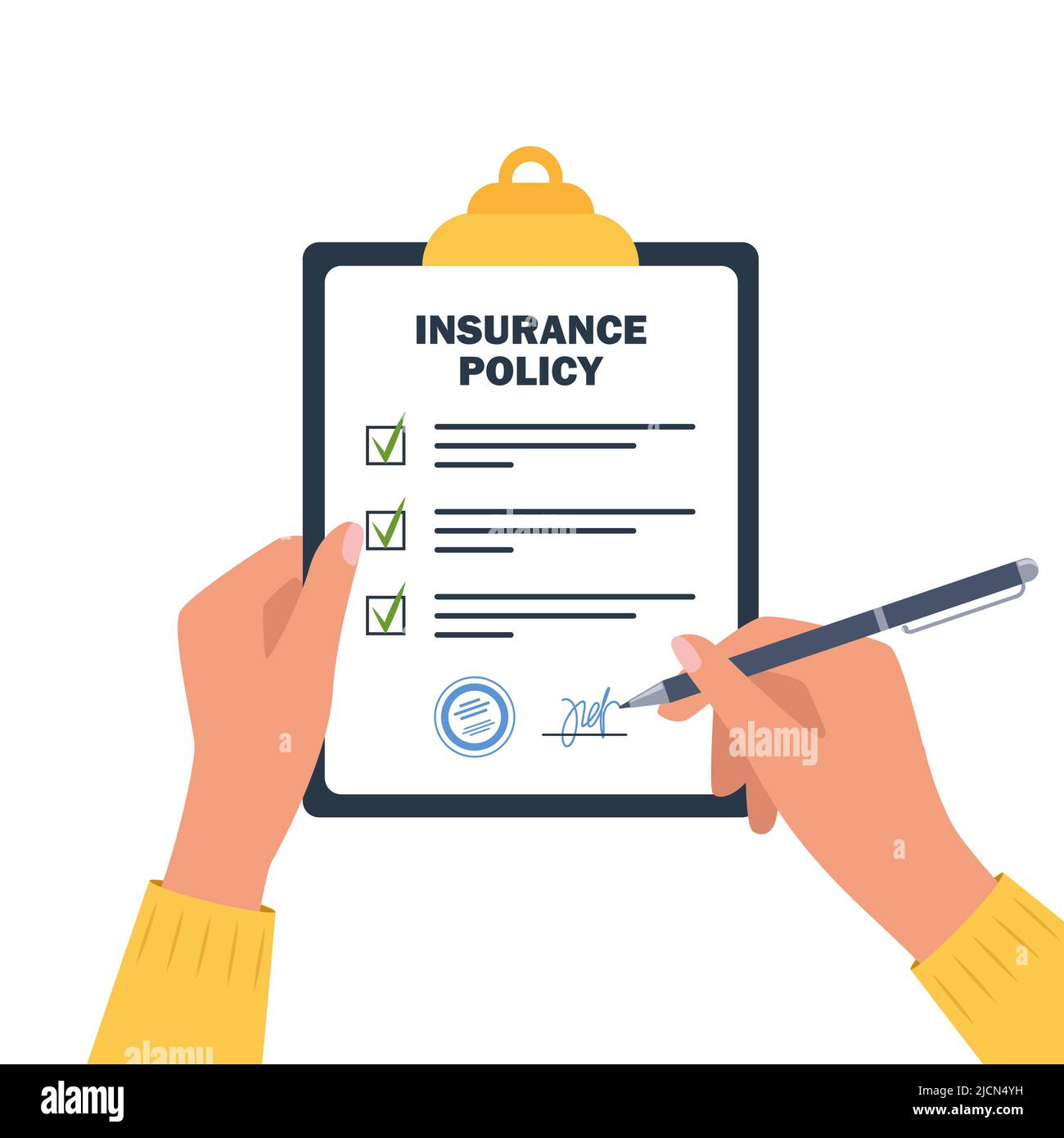 Person signs an insurance policy holding clipboard in hand. Man ...
