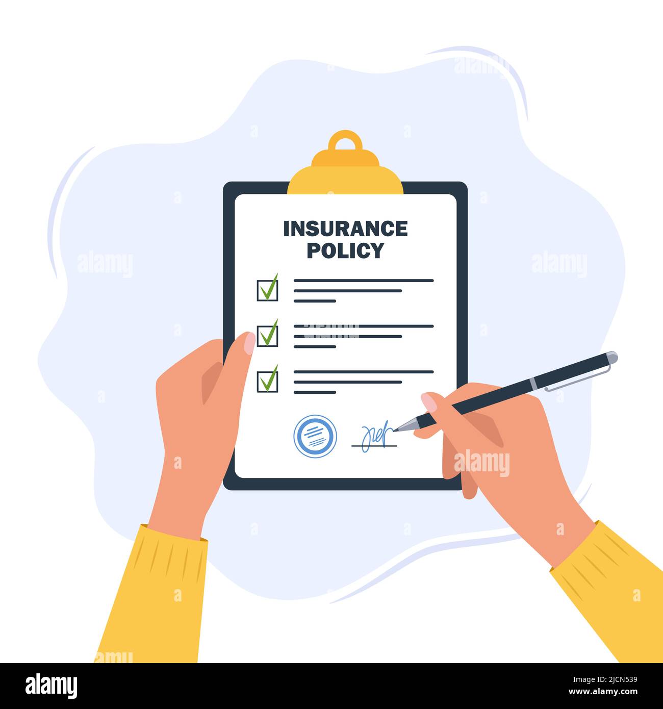 Person signs an insurance policy holding clipboard in hand. Man ...