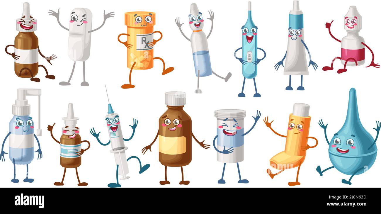 Cartoon medicinals characters. Pills bottle mascot, surprised medical ...