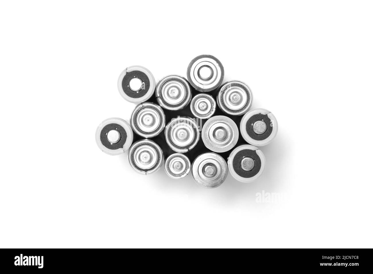 Bunch old used batteries, top view white background Stock Photo - Alamy