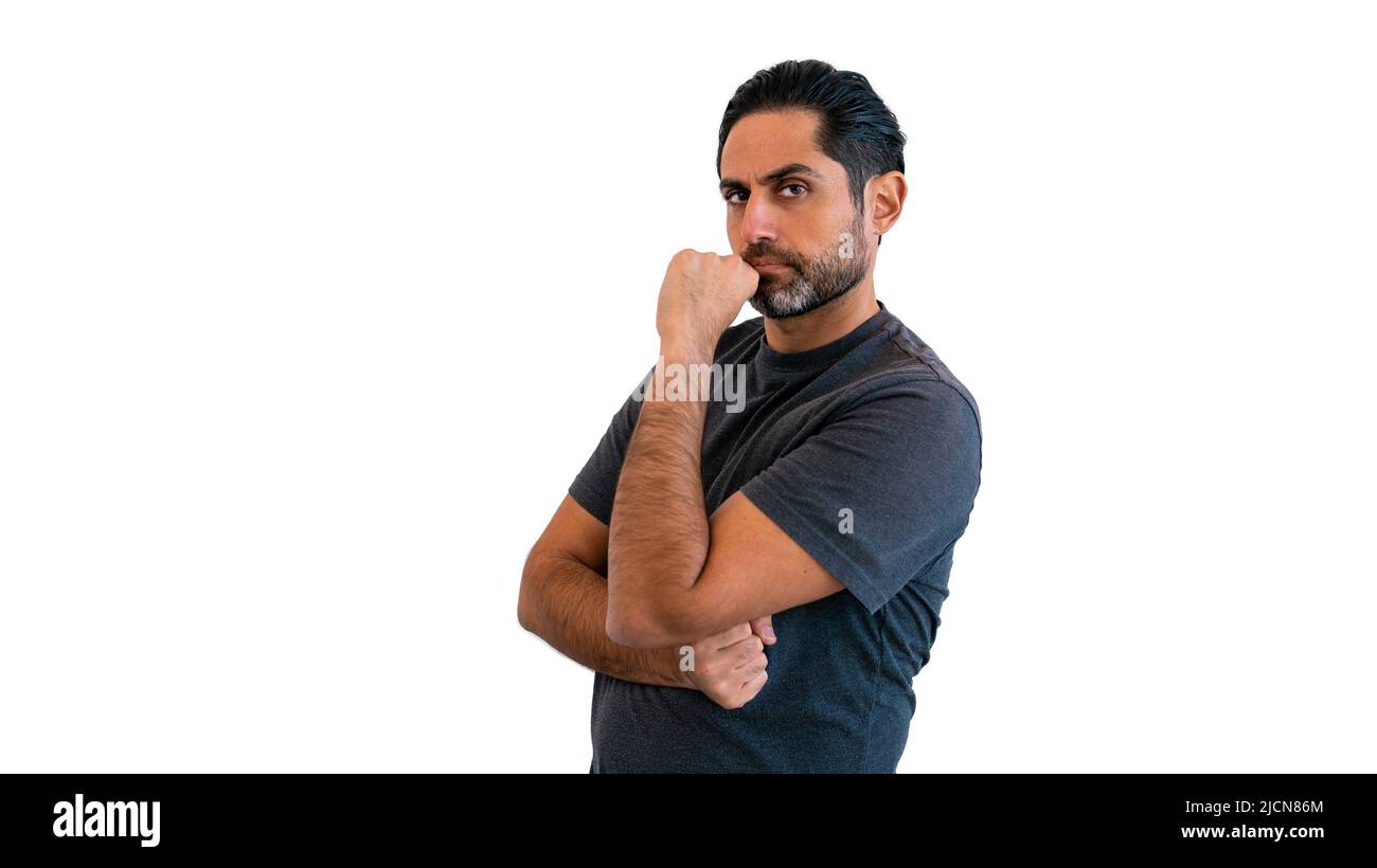 Portrait of handsome man thinking try solve problem pose over isolated ...
