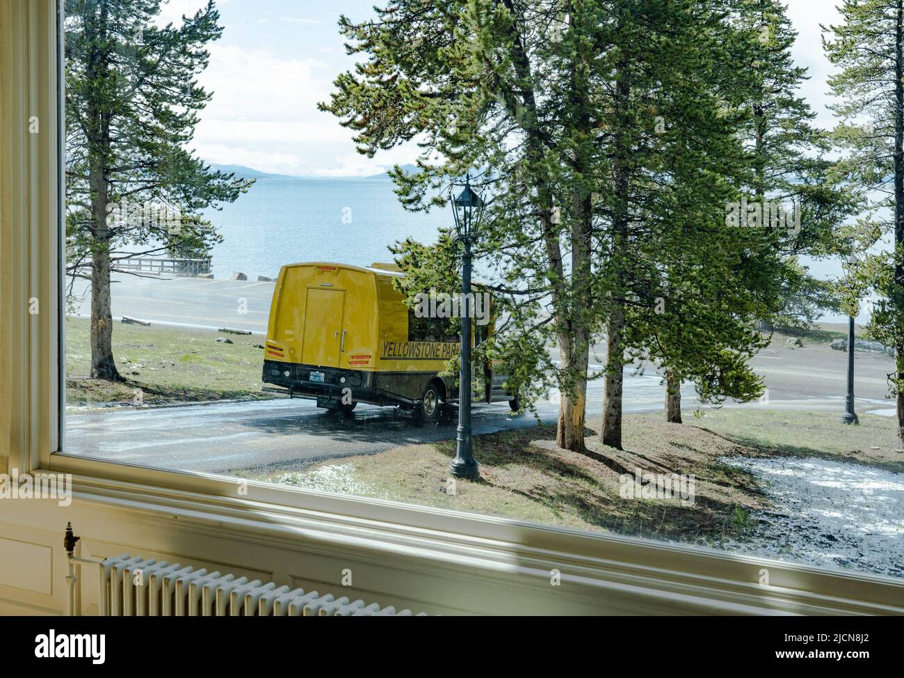 Yellowstone Park tour bus passenger business in front of Lake hotel ...