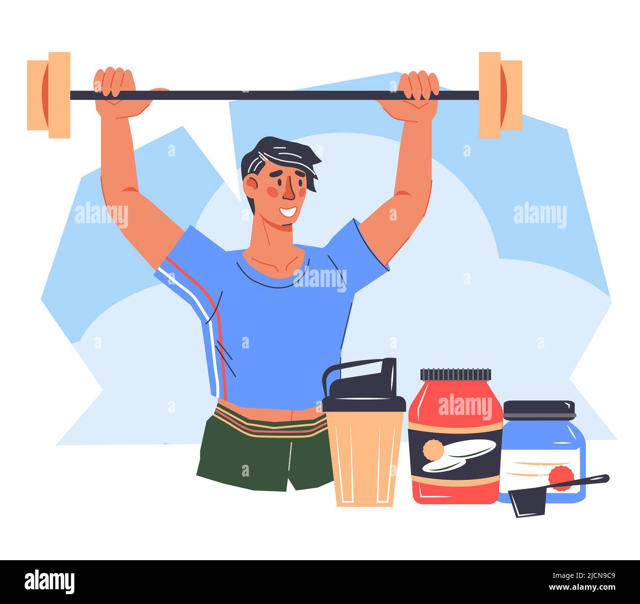 Sportsman doing workout with sport supplements cartoon flat vector ...
