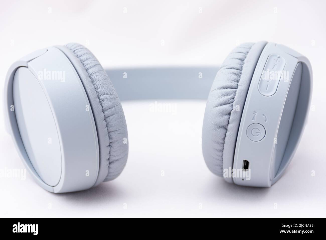 Close up of gray wireless headphones isolated on white background Stock ...