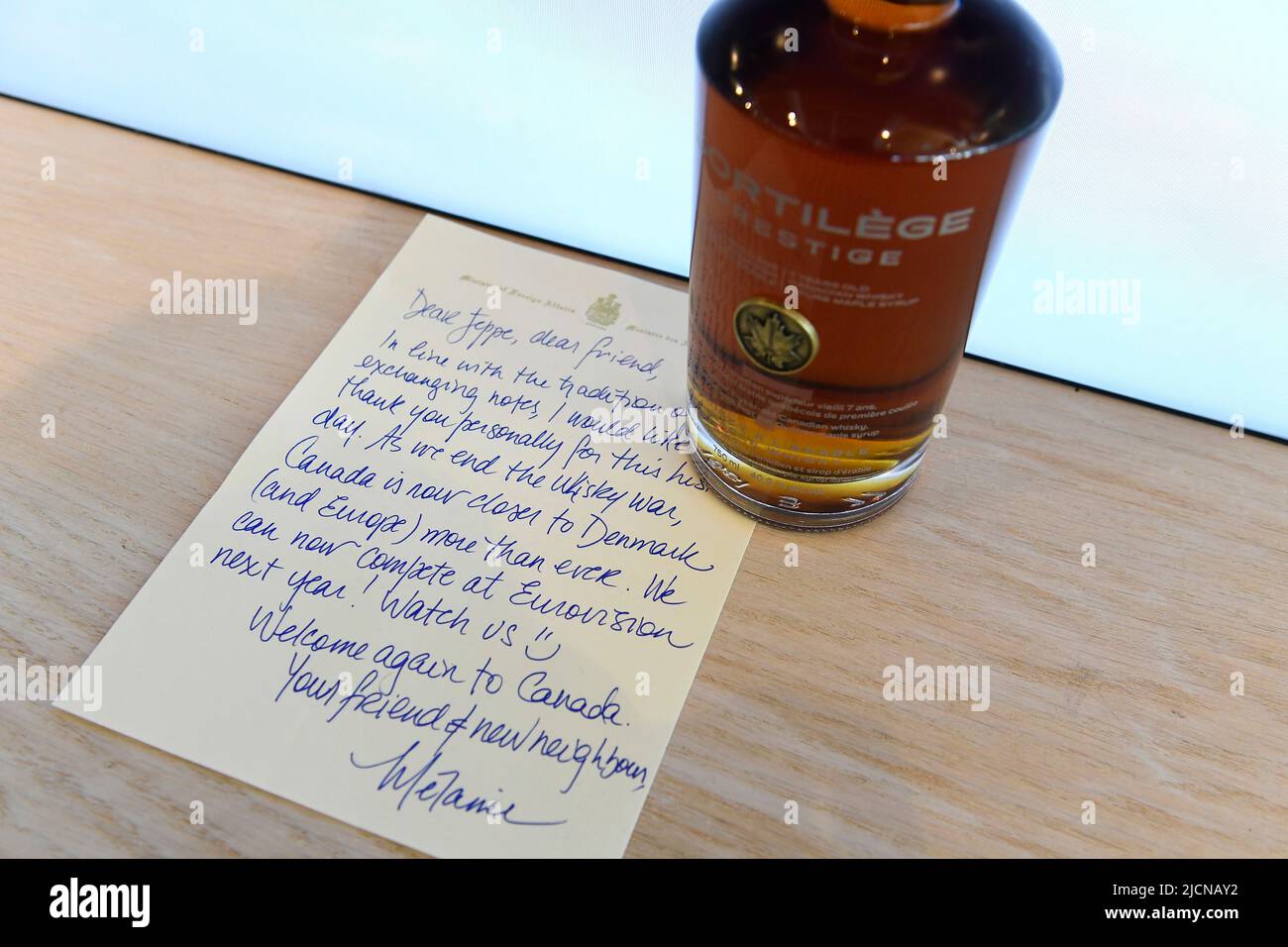 A bottle of Sortilege maple whiskey from Quebec is seen alongside a ...