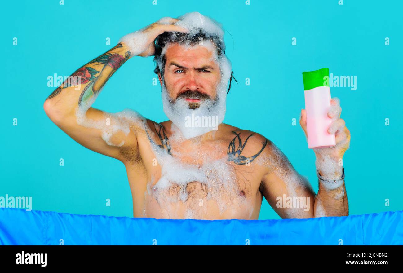 Bearded Man In Shower With Shampoo Bottle Handsome Guy With Foam On