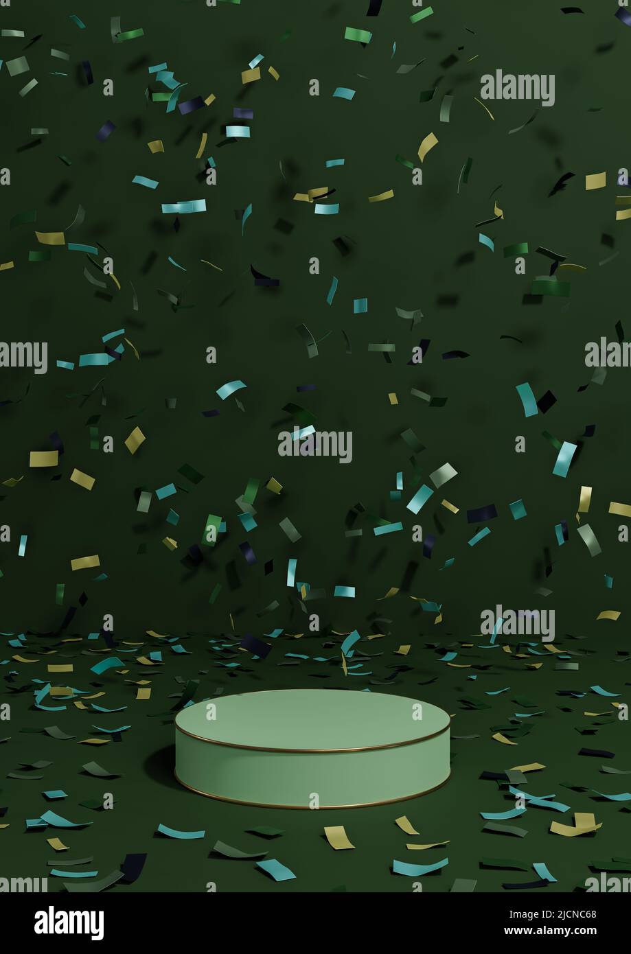 Dark, warm green 3D rendering product display pedestal stand anniversary products, celebration ...