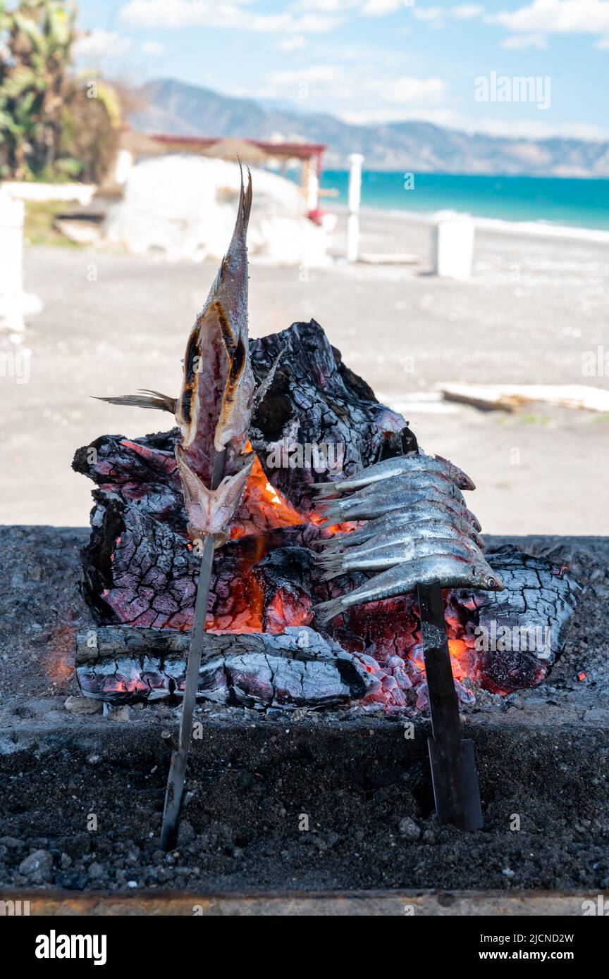 Malaga style of preparation of fresh fish, catch of the day, on skewers ...