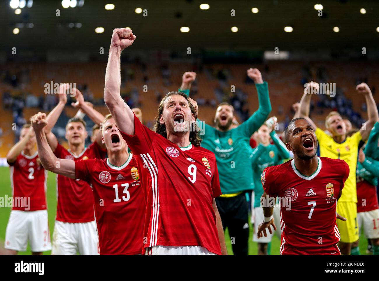 Hungary's Adam Szalai (centre) celebrates at the end of the UEFA ...