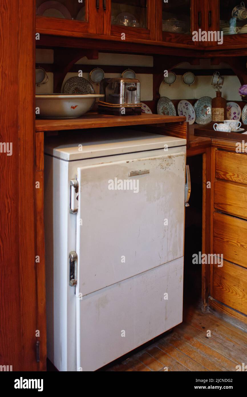 Vintage ice box under the counter in the kitchen at the Stevens ...